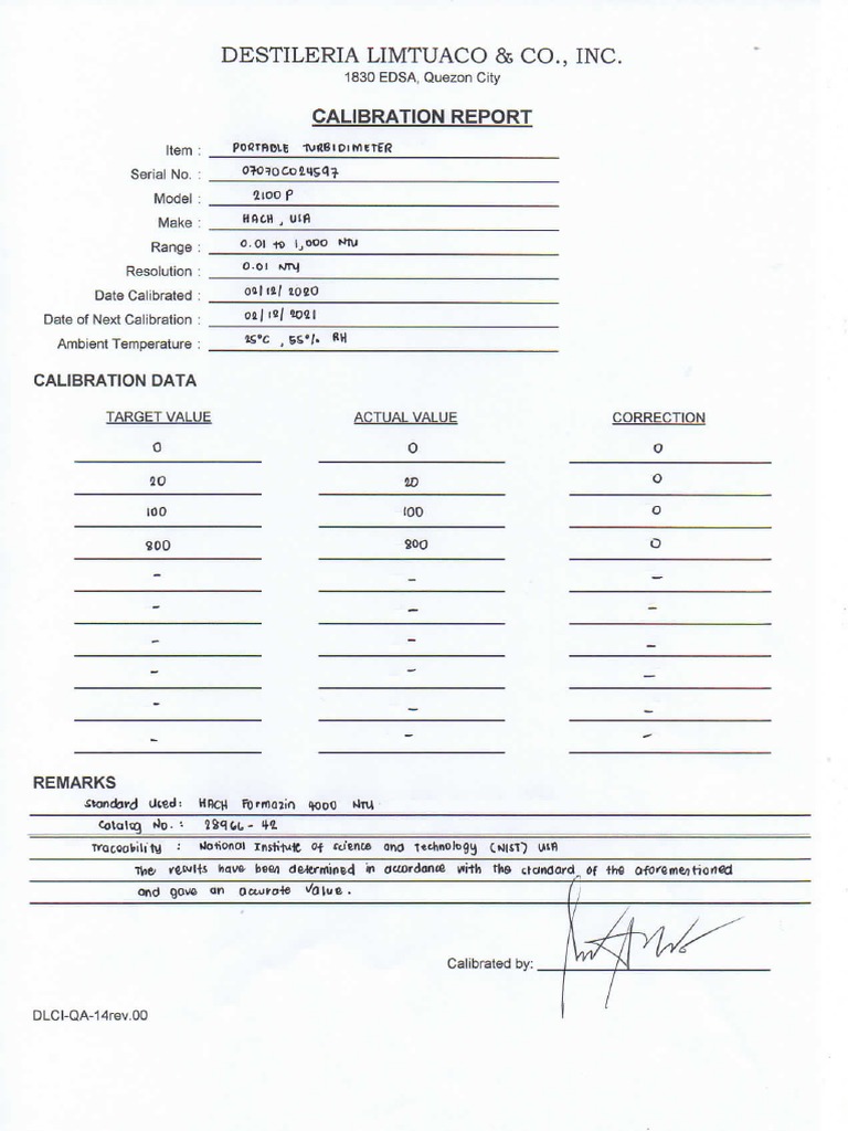 Turbidimeter Calibration Report 2020 | PDF