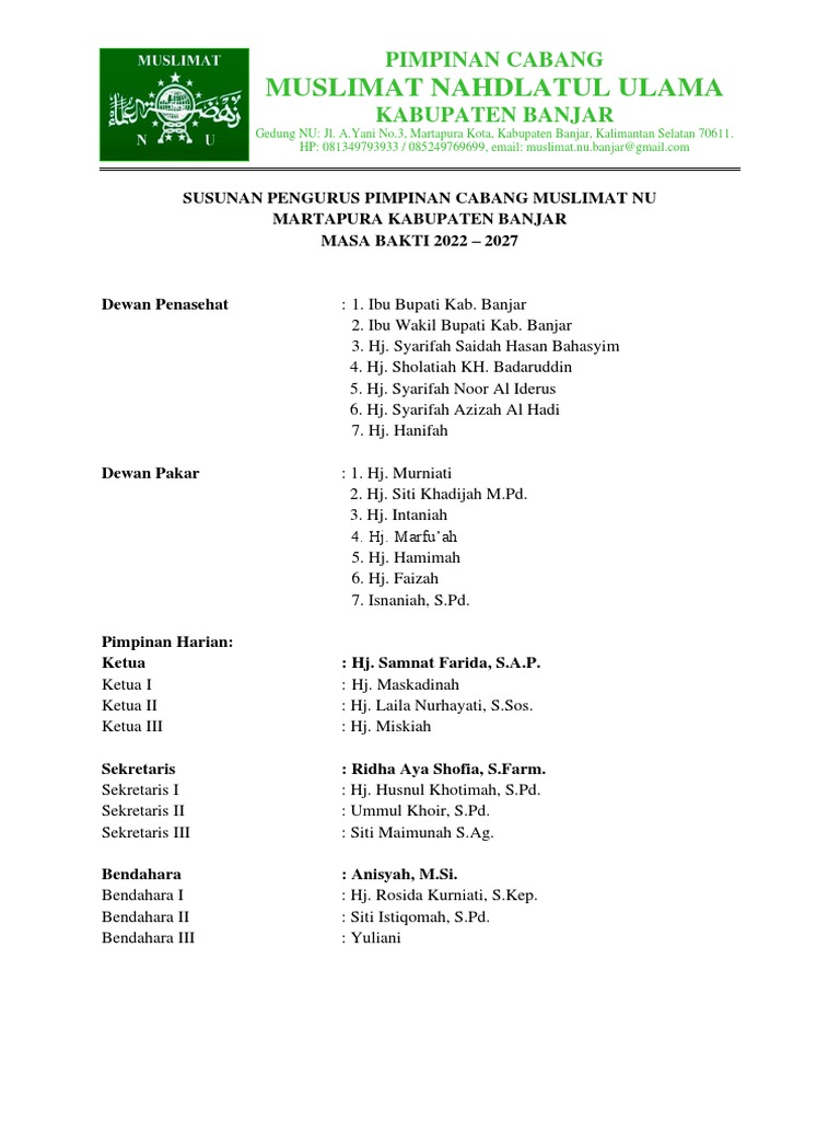Susunan Pengurus Muslimat Nu 2022-2027 | PDF