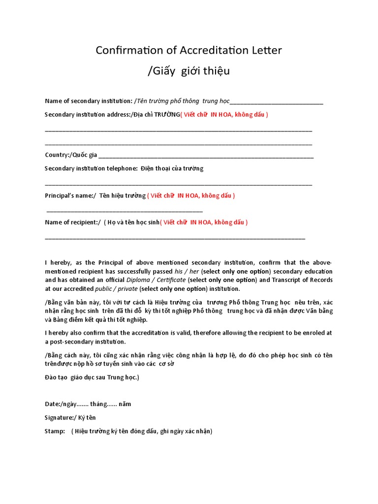 Confirmation of Accreditation Letter /Giấy giới thiệu: (Viết chữ IN HOA ...