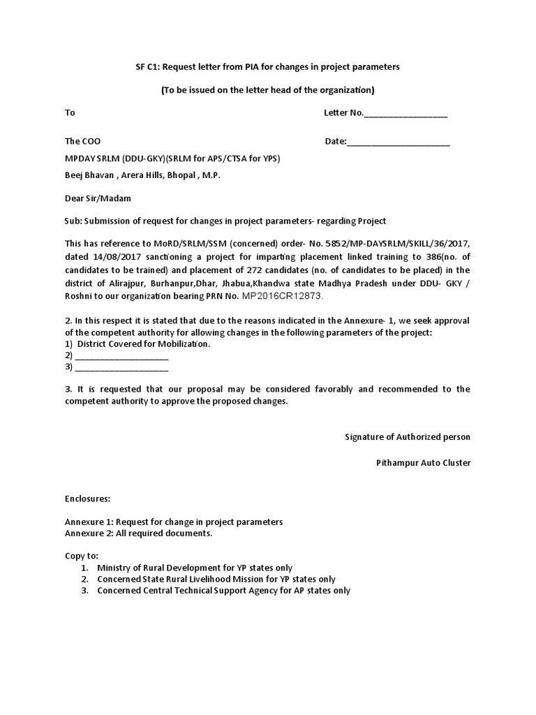 SF C1 Request Letter From PIA For Changes in Project Parameters | PDF ...