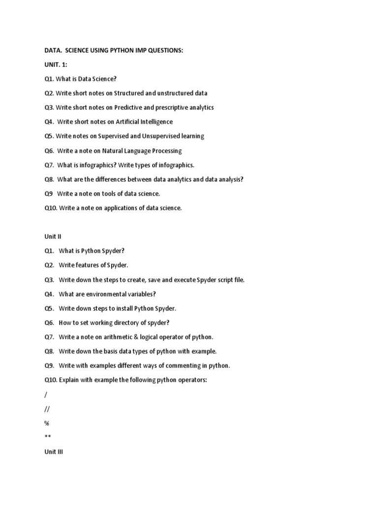 Data. Science Using Python Imp Questions: UNIT. 1 | PDF | Computers