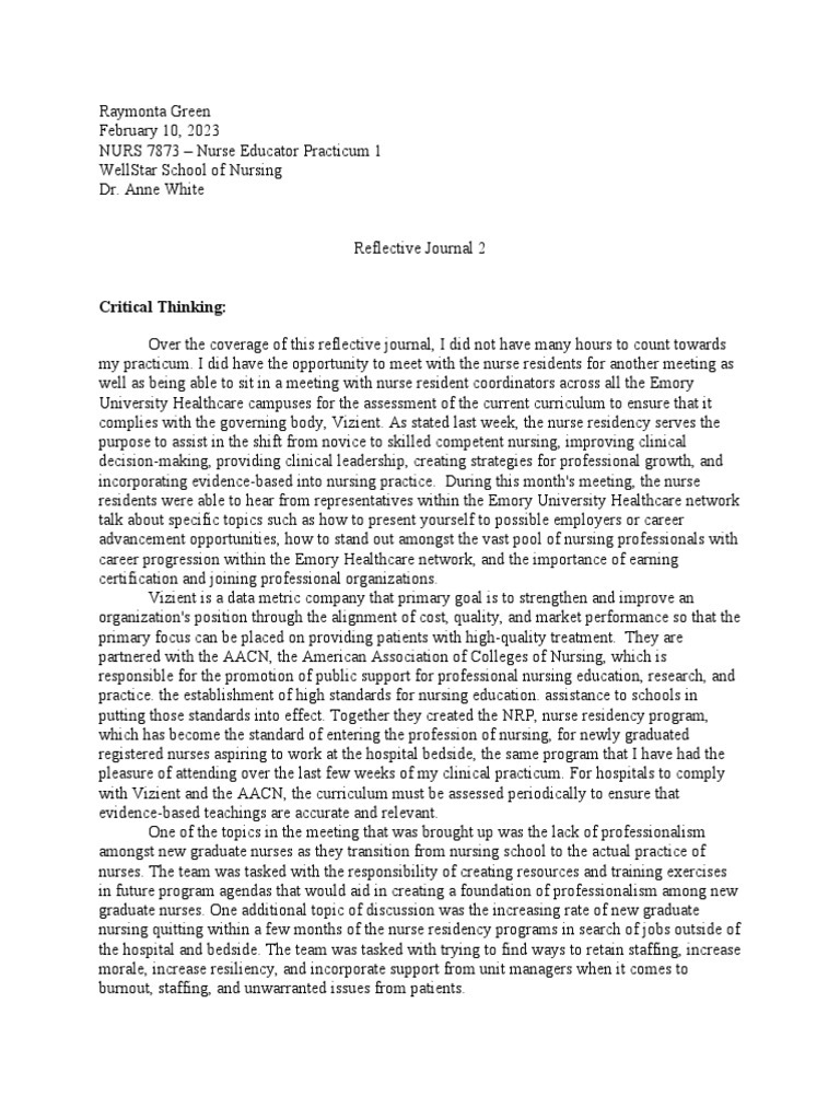Nurse Educator Practicum - Reflective Journal 2 | PDF | Nursing ...