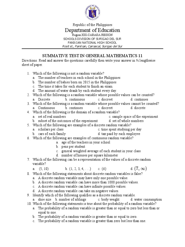 Q3 Genmathsummative Test | PDF | Probability Distribution | Random Variable
