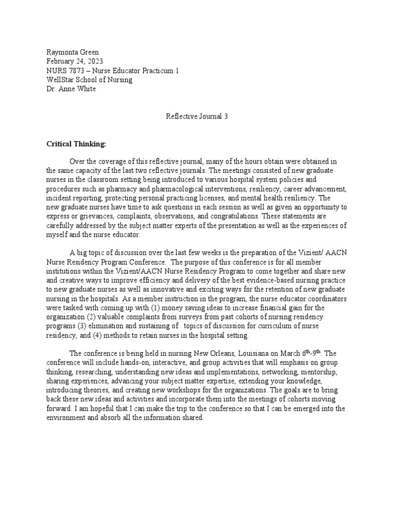 Nurse Educator Practicum - Reflective Journal 3 | PDF | Nursing ...