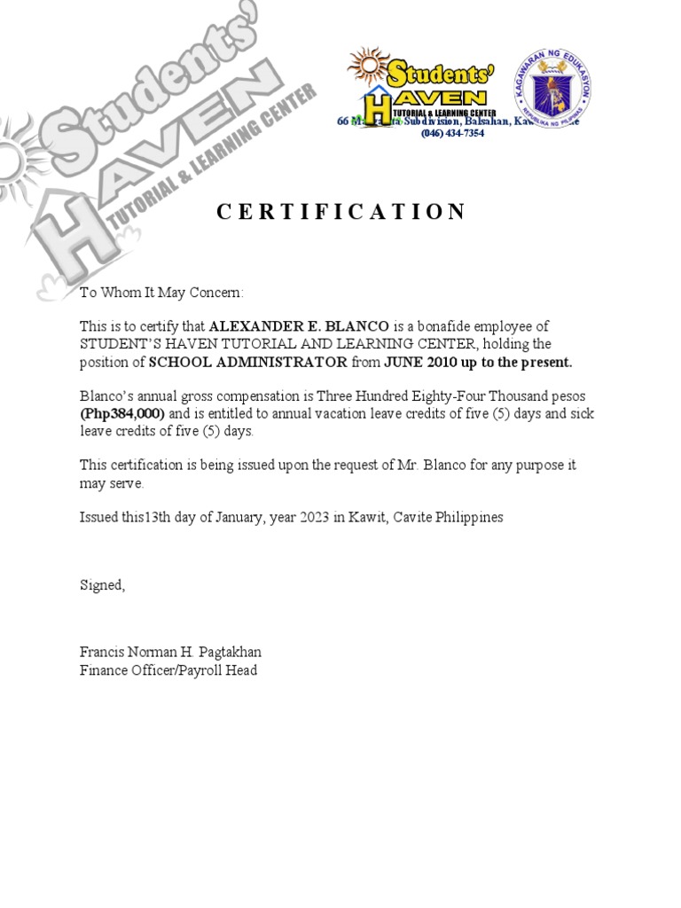 CERTIFICATION Employment With Compensation | PDF