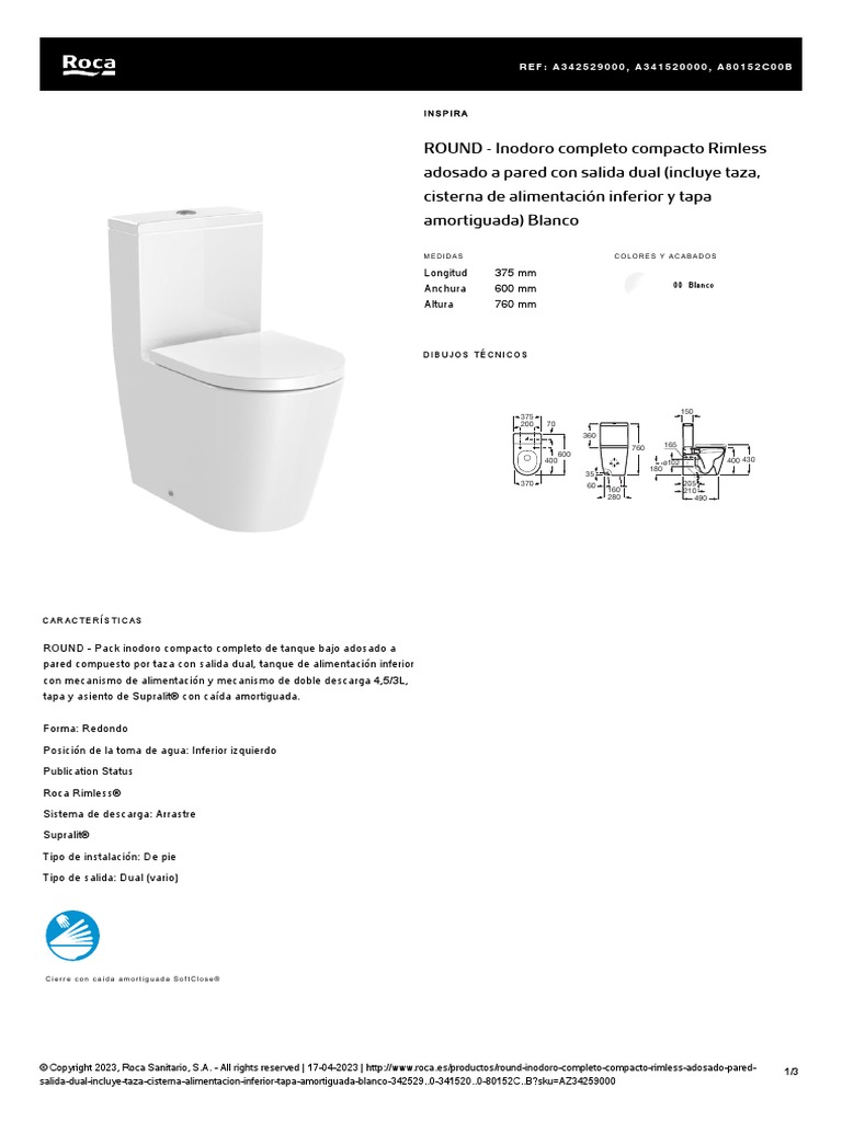 ROUND - Inodoro Completo Compacto Rimless Adosado A Pared Con Salida Dual (Incluye Taza ...