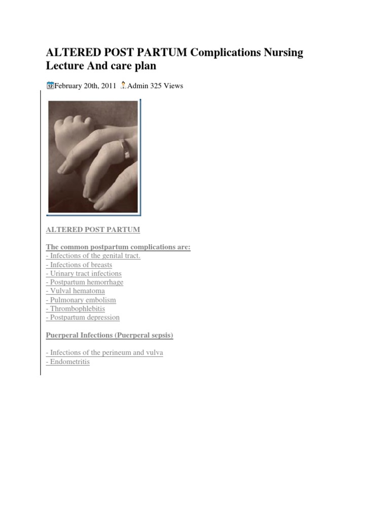 ALTERED POST PARTUM Complications Nursing Lecture and Care Plan | PDF ...