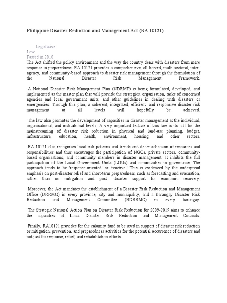 Philippine Disaster Reduction and Management Act | PDF | Disaster Risk ...