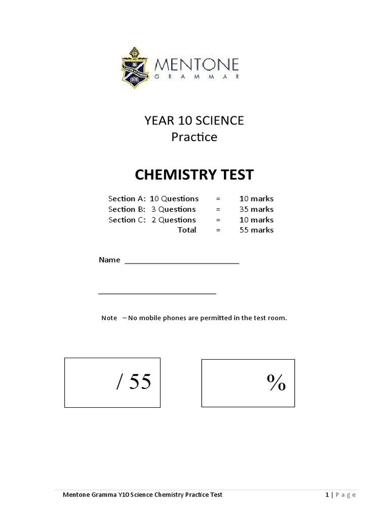 2021 Sem 2 Chem Practice Test | PDF