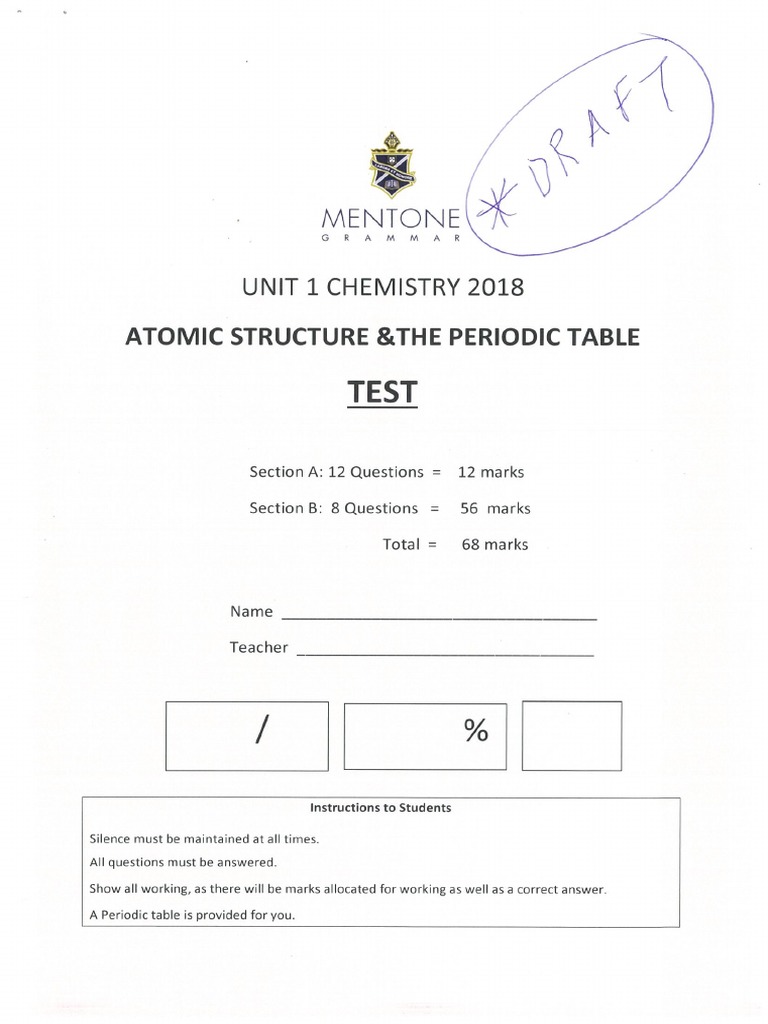 Atomic Structure Periodic Table Test 2018 | PDF
