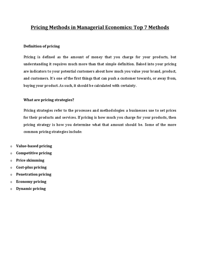 Top 7 Pricing Methods in Economics | PDF | Long Run And Short Run | Pricing