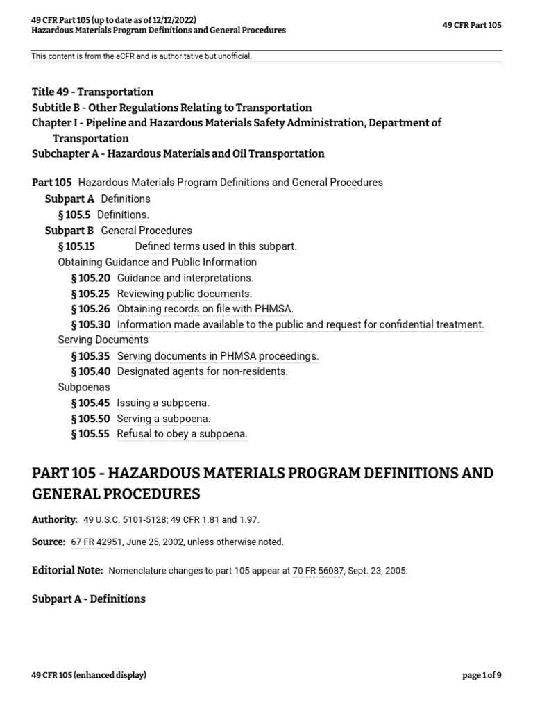 49 CFR Part 105 (Up To Date As of 12-12-2022) | PDF | Freedom Of ...