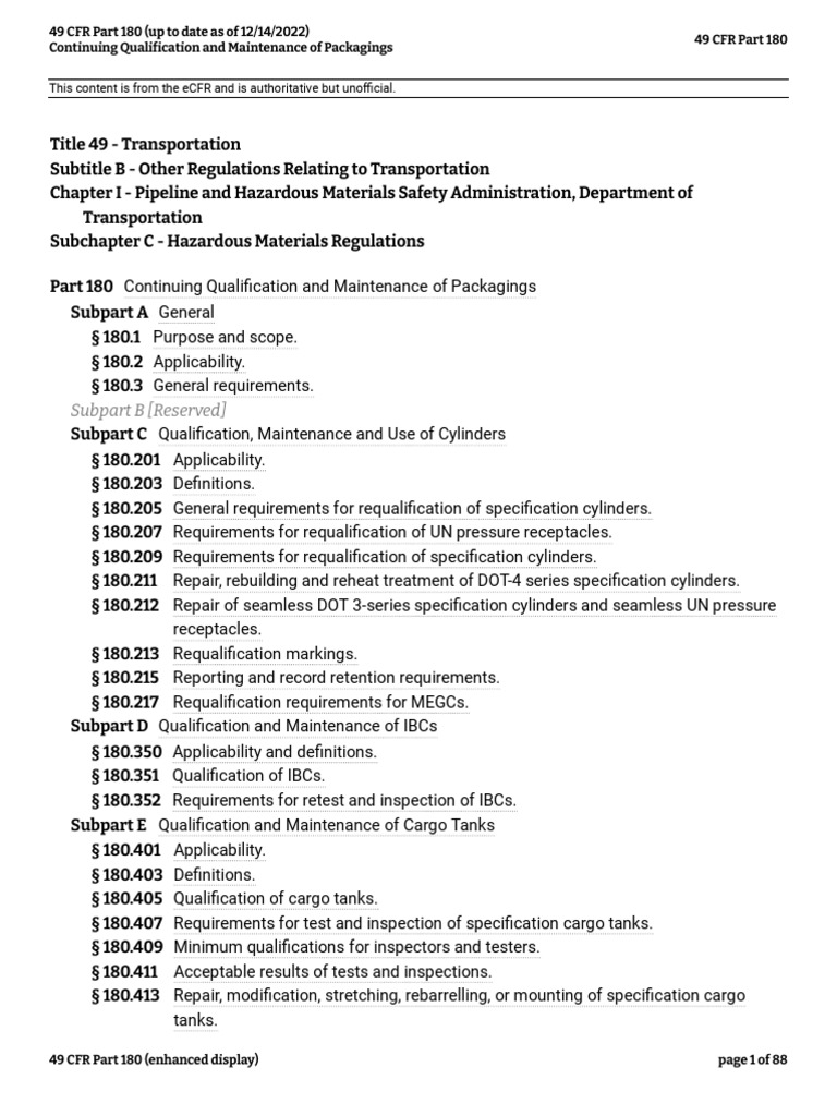 49 CFR Part 180 (Up To Date As of 12-14-2022) | PDF | Industrial Gases ...