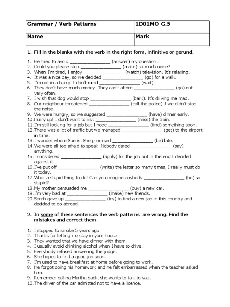 Verb Patterns: Infinitive vs. Gerund | PDF
