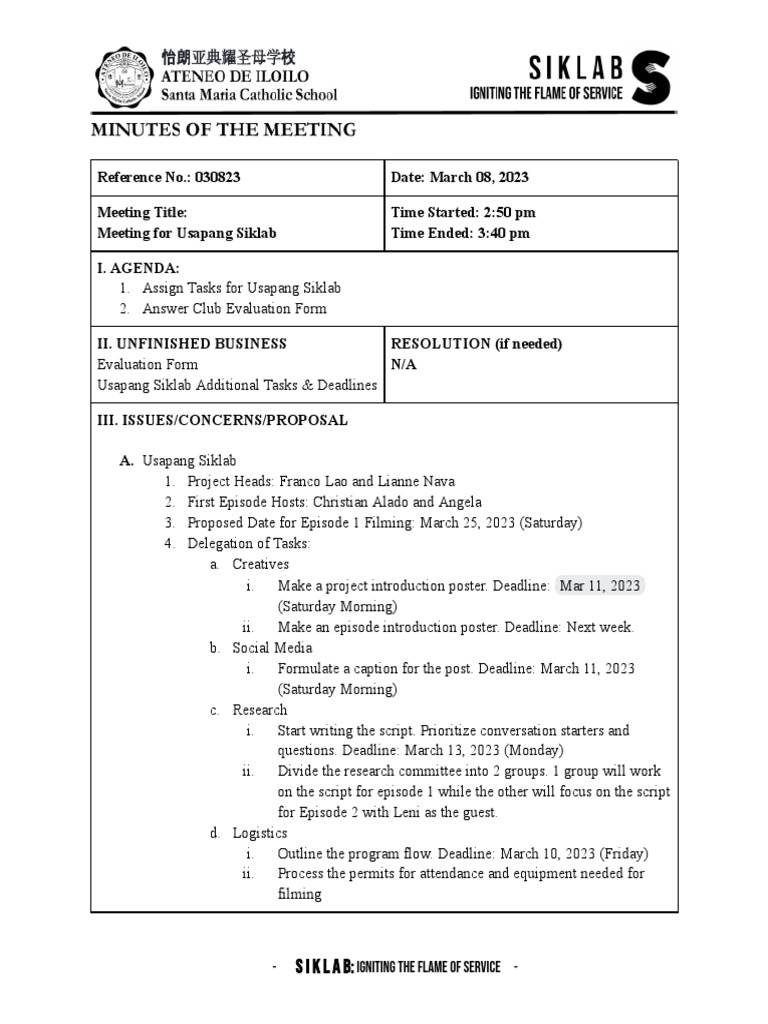 SIKLAB Minutes of The Meeting | PDF