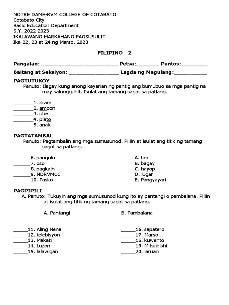 Filipino - 2 Pangalan: - Petsa: - Puntos: - Baitang at Seksiyon ...