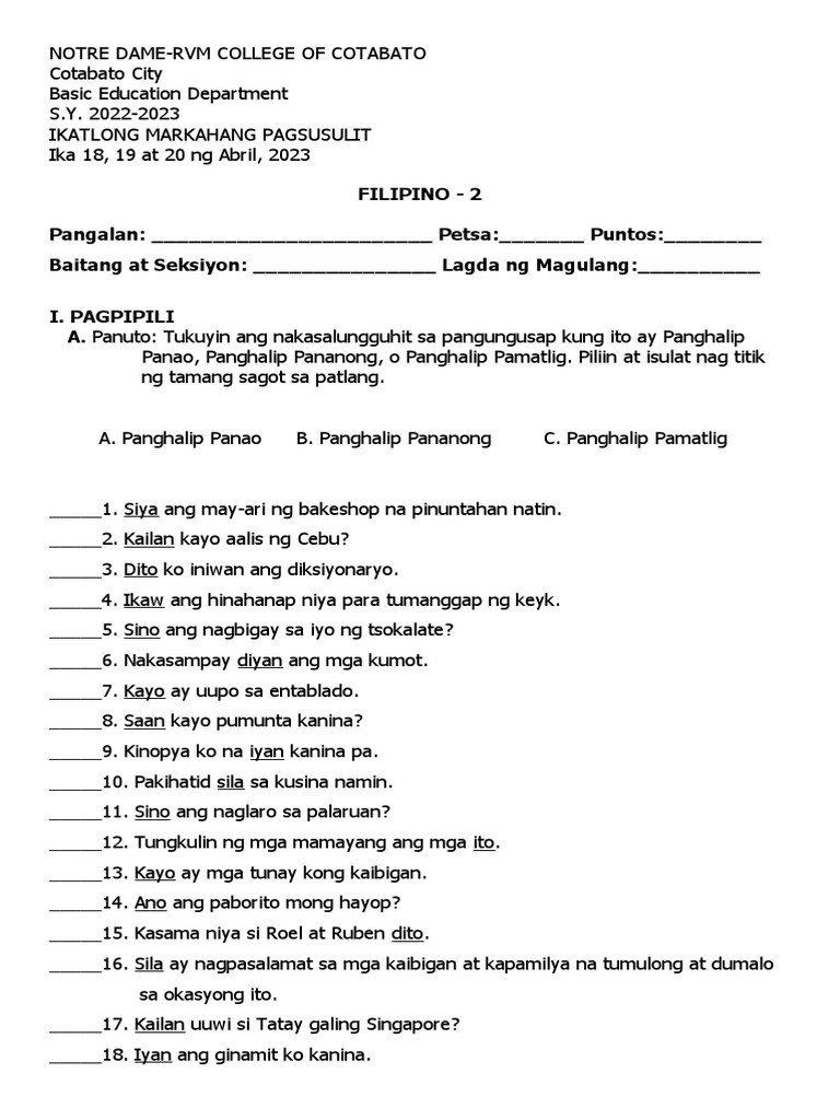 Filipino - 2 Pangalan: - Petsa: - Puntos: - Baitang at Seksiyon ...