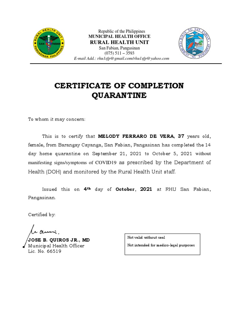 Quarantine Completion Certificate for Melody Ferraro | PDF | Wellness