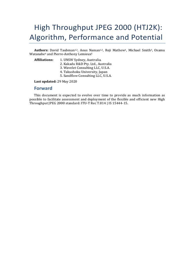 High Throughput JPEG 2000 (HTJ2K) : Algorithm, Performance and Potential | PDF | Data ...