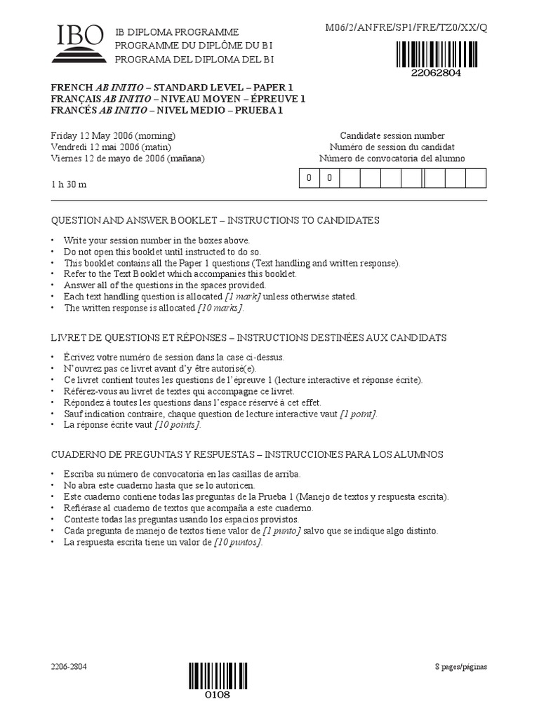 French Ab Initio SL Paper 1 Question Booklet | PDF