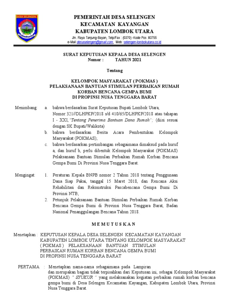 Keputusan POKMAS Perbaikan Rumah NTB | PDF