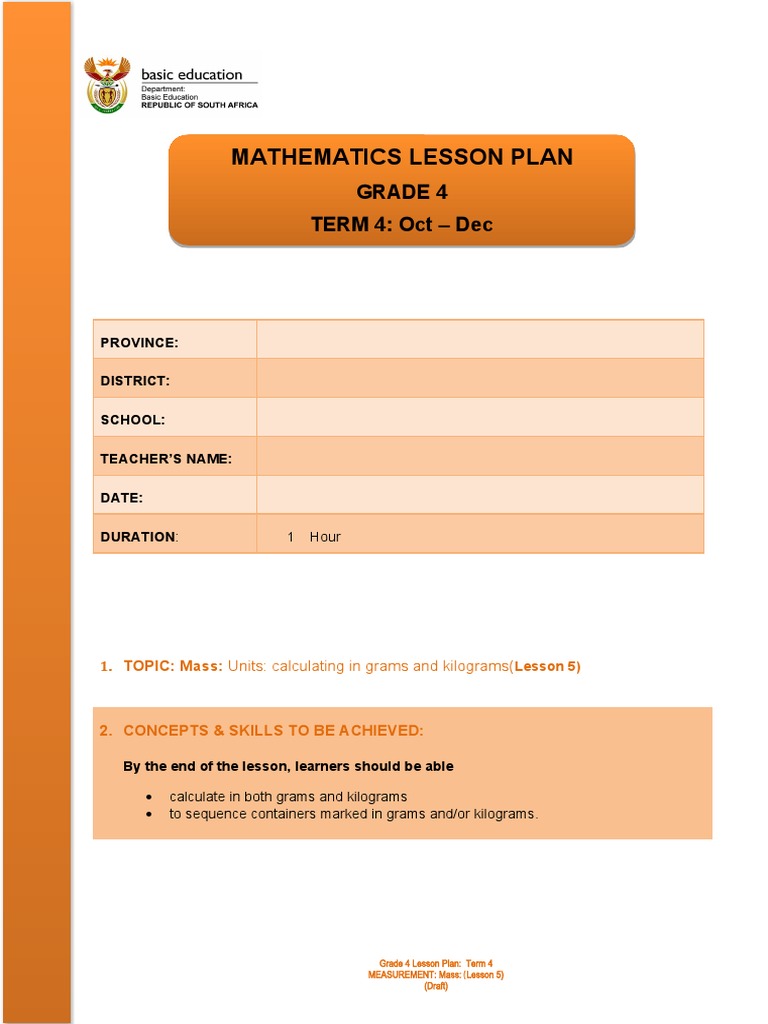 Mathematics Lesson Plan: Grade 4 TERM 4: Oct - Dec | PDF | Lesson Plan ...