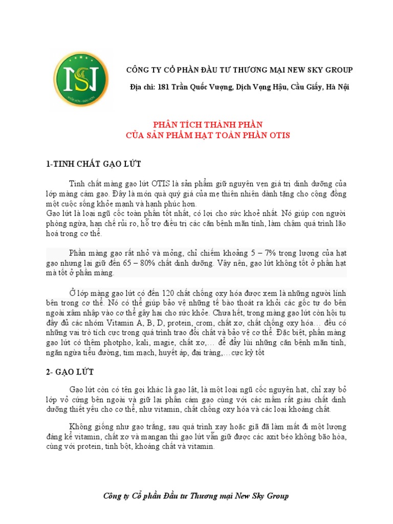 THÀNH PHẦN DINH DƯỠNG CỦA SẢN PHẨM HẠT TOÀN PHẦN OTIS 1 | PDF