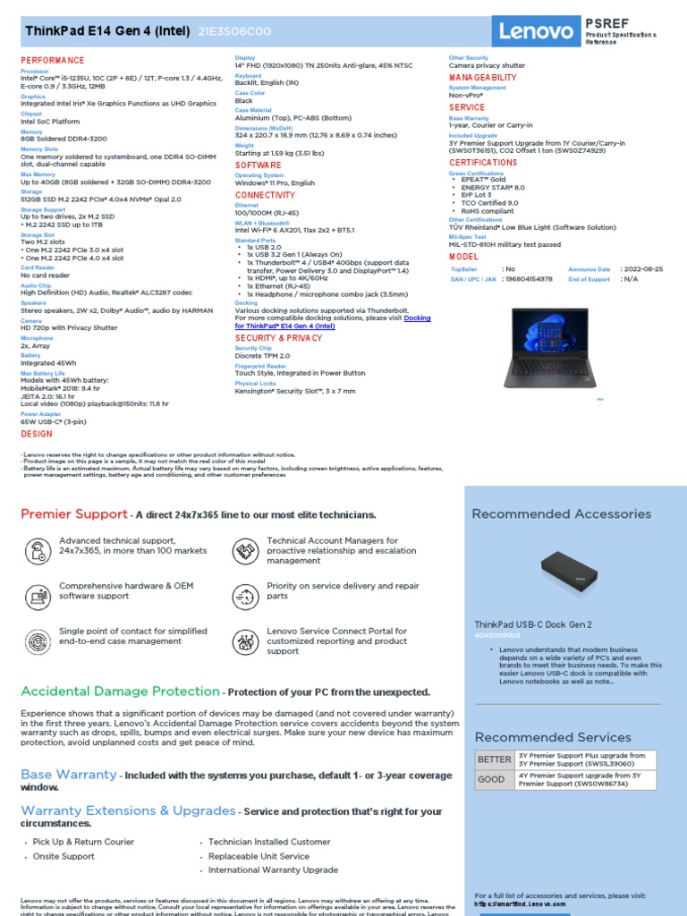 ThinkPad E14 Gen 4 Intel 21E3S06C00 | PDF