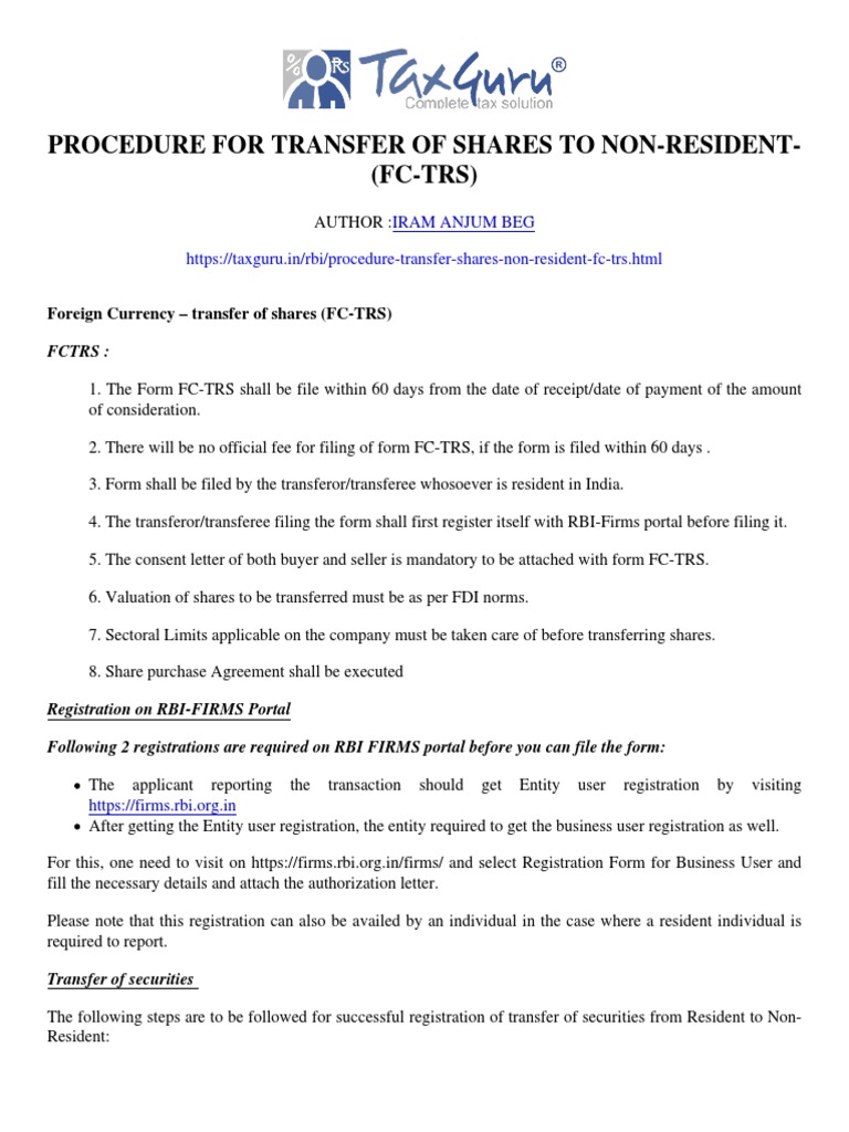 Procedure For Transfer of Shares To Non-Resident - (FC-TRS) - Taxguru ...