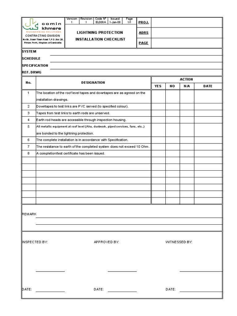 Lightning Protection Installation Checklist | Download Free PDF ...