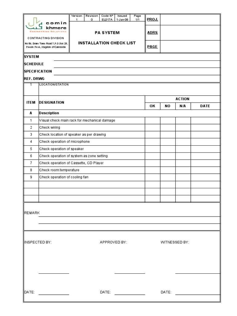 Pa System Installation Check List: Proj. Adrs | PDF