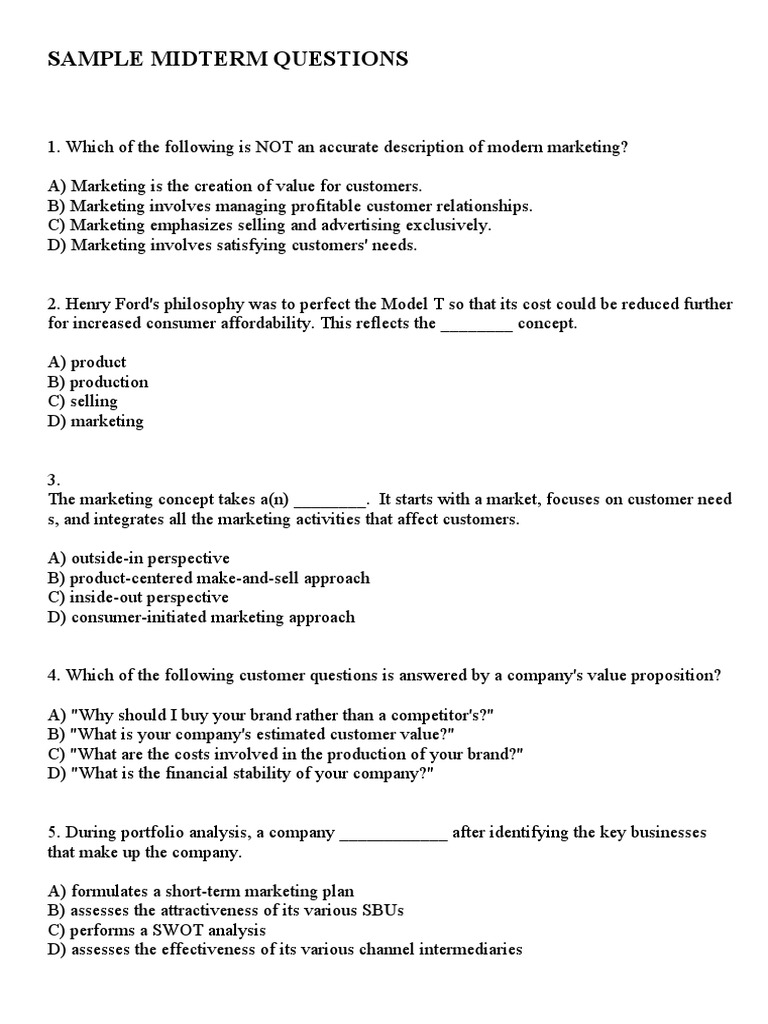 Sample Midterm Questions | Download Free PDF | Marketing | Marketing Strategy