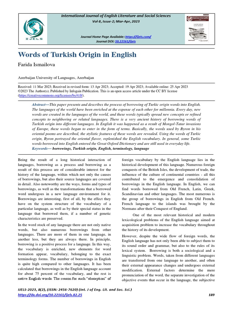 Words of Turkish Origin in English | PDF | English Language | Word