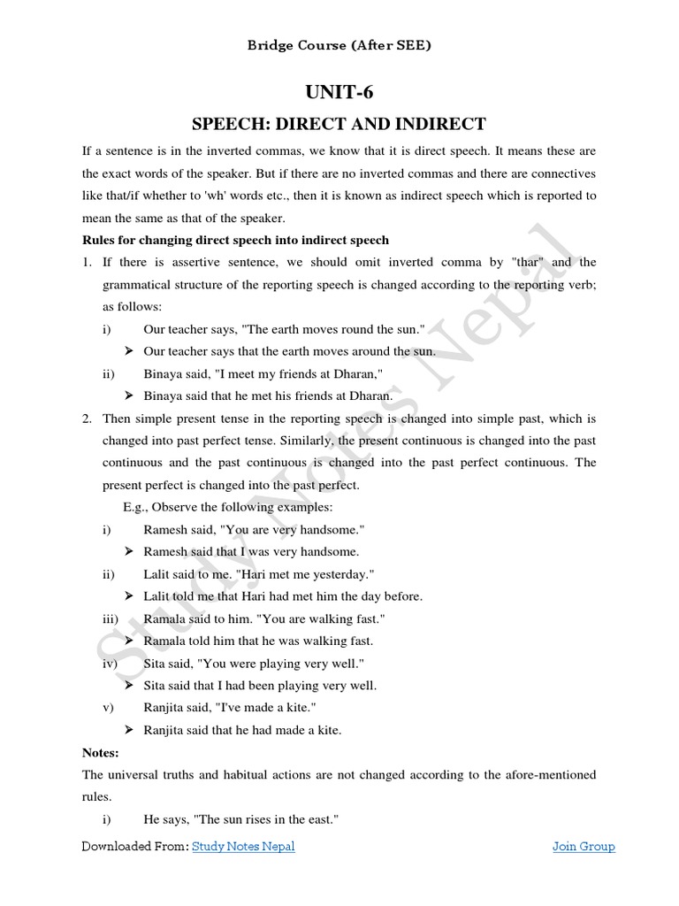 Rules for Changing Direct Speech into Indirect Speech | PDF | Question ...