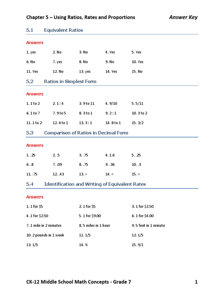 Answer Key - CK-12 Chapter 05 Middle School Math Concepts - Grade 7 (Revised) | PDF | Ratio | Odds