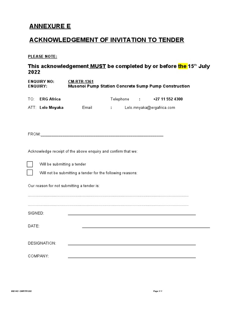 ANNEXURE E - Acknowledgement of Tender | PDF