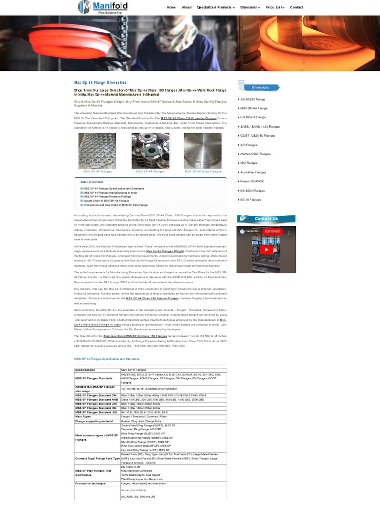 Mss SP 44 Flange Dimensions - Asme b16.47 Mss sp-44 Class 150 Flanges | PDF | Pipe (Fluid ...