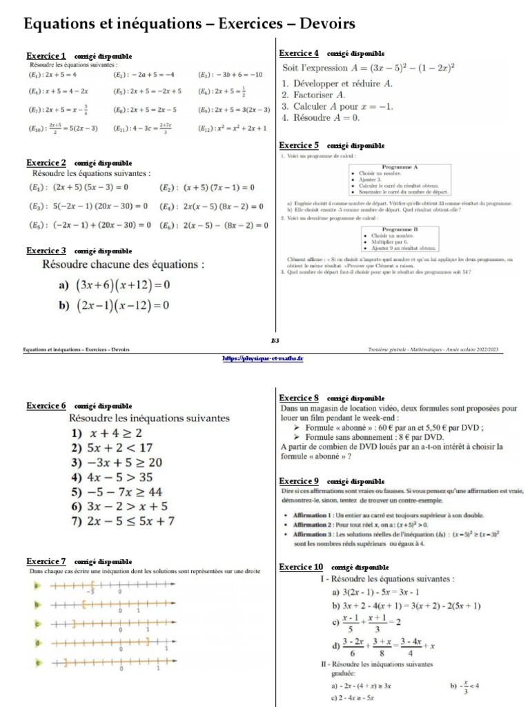Equations Et Inéquations - Exercices - Devoirs: Exercice 1 Exercice 4 | PDF
