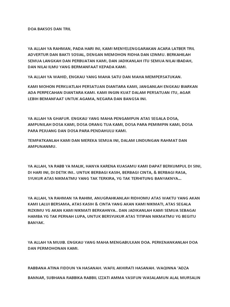 Contoh DOA BAKSOS DAN TRIL | PDF