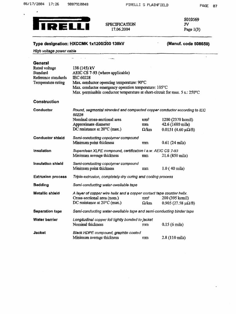 Pirelli Cable Spec | PDF