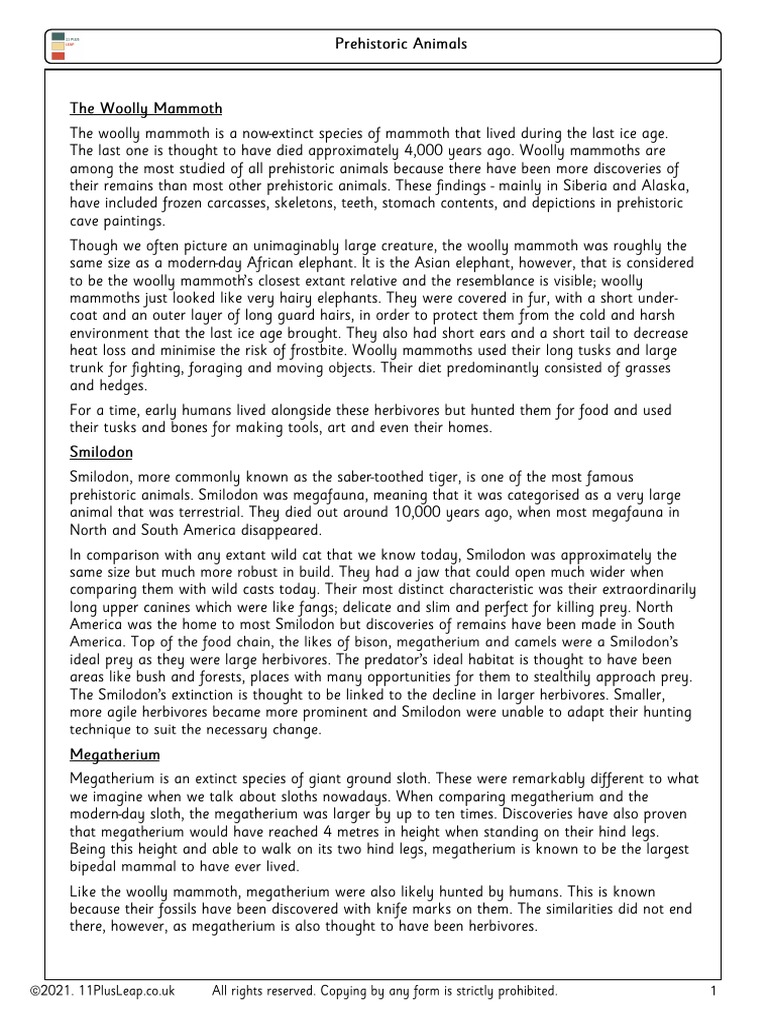 Blog 2022 Week 7 Comprehension Prehistoric Animals | PDF