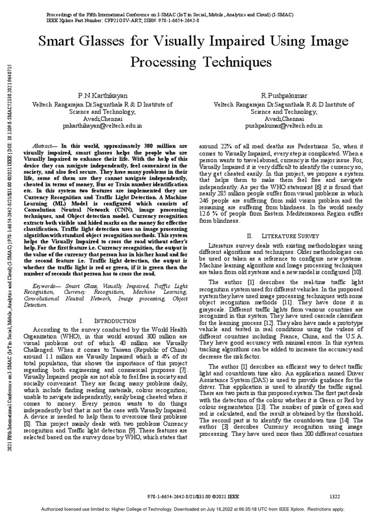 Smart Glasses For Visually Impaired Using Image Processing Techniques | PDF | Machine Learning ...