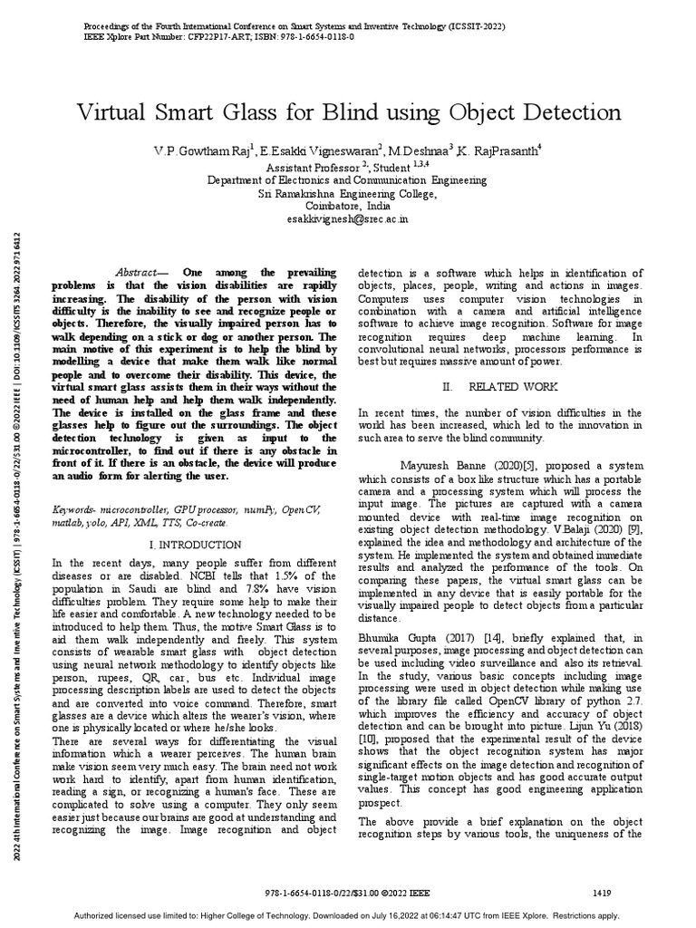 Virtual Smart Glass For Blind Using Object Detection | PDF | Computer ...