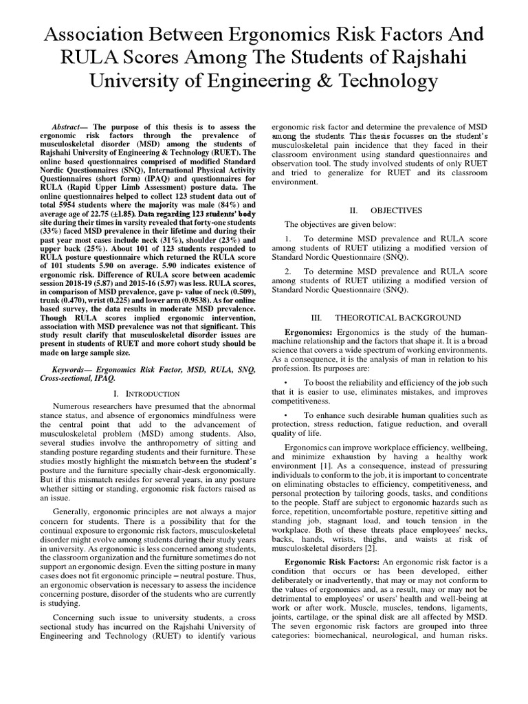 Association Between Ergonomics Risk Factors and RULA Scores Among The Students of Rajshahi ...