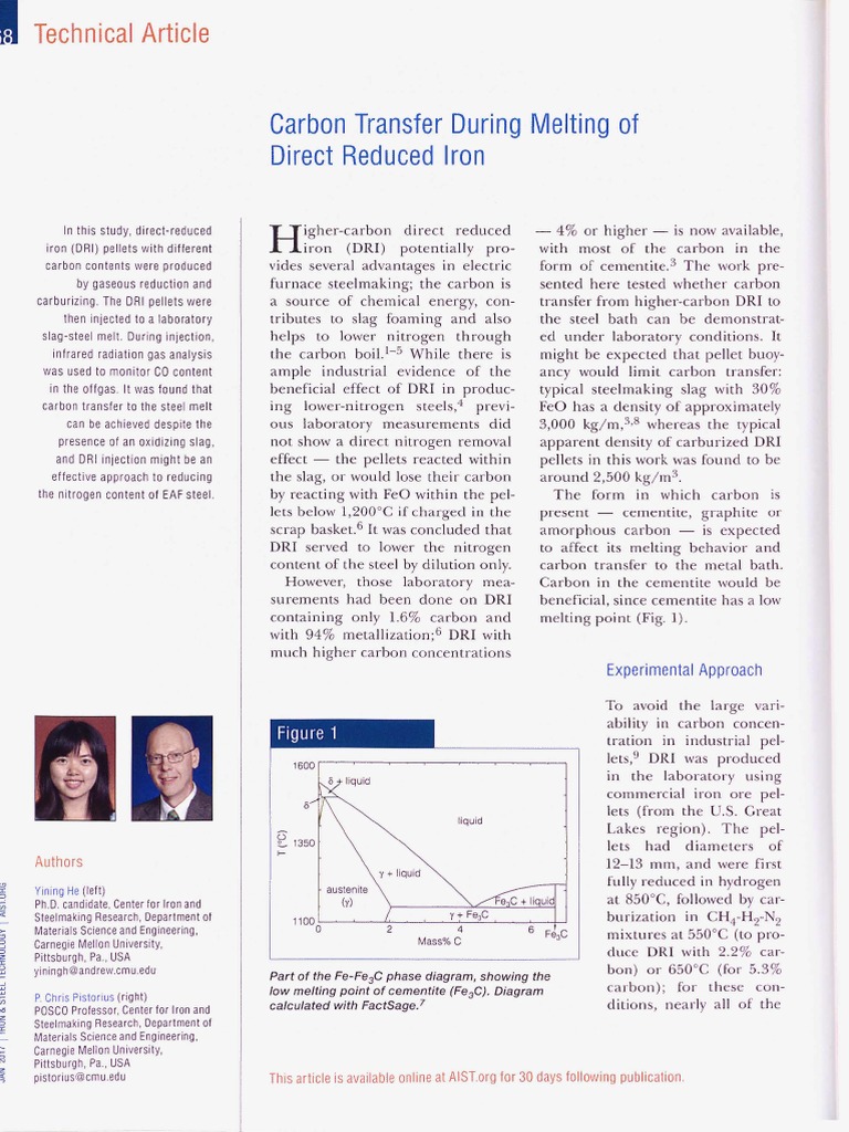 Carbon Transfer During Melting of Direct Reduced Iron: I Rbon Iron L L ...