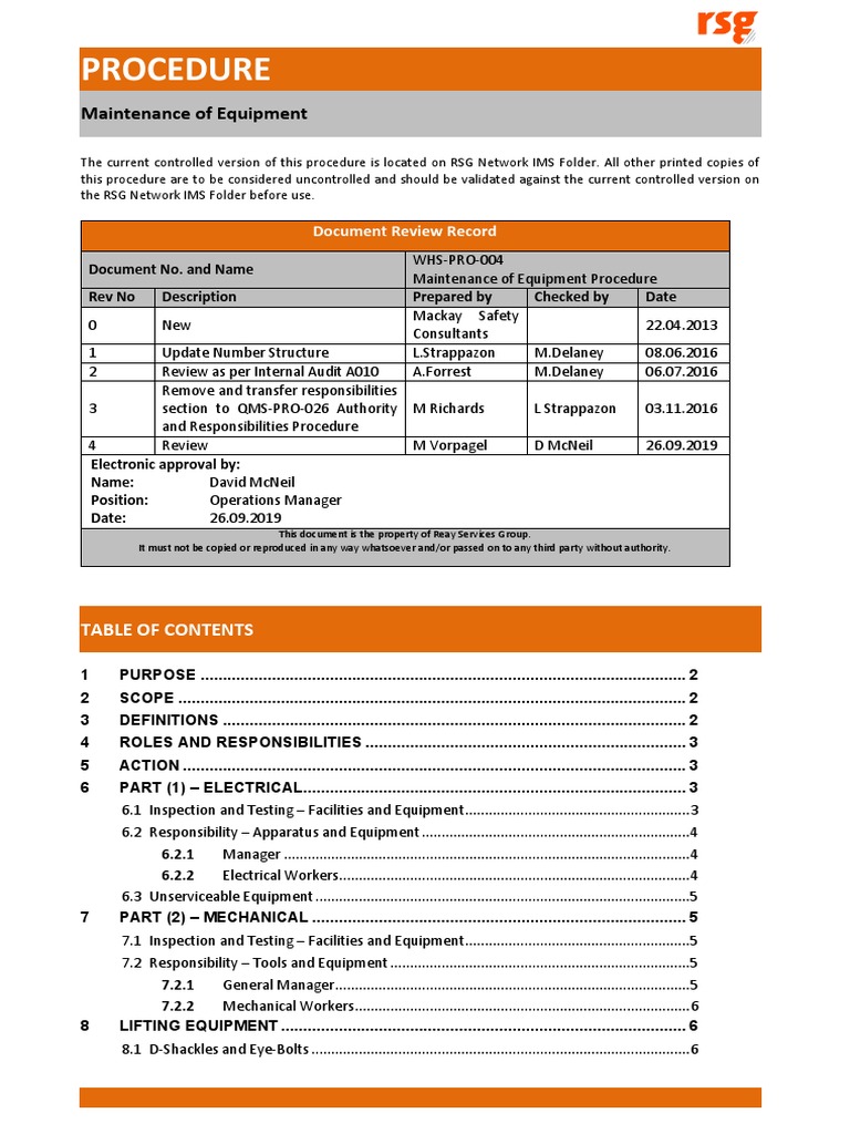 WHS PRO 004 Maintenance of Equipment Procedure | PDF | Electrical Connector | Electrical Engineering