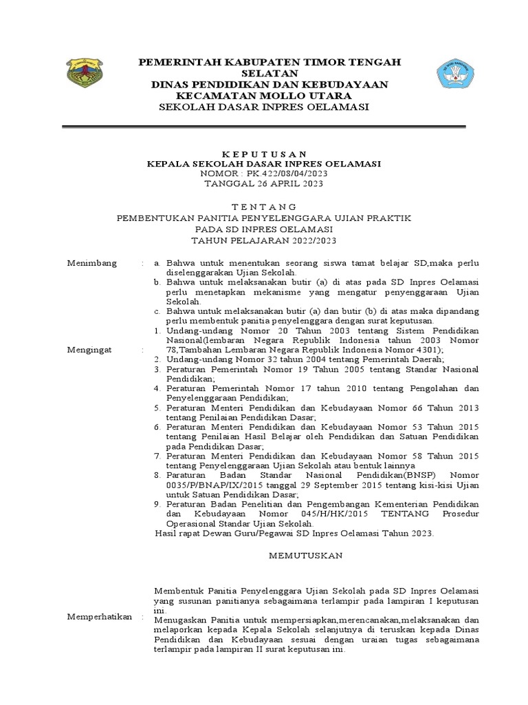 SK Panitia Ujian Praktek 2023 | PDF