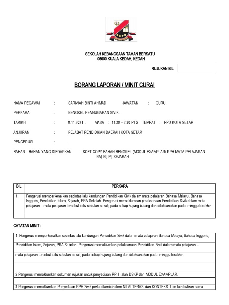 Borang Laporan Miniit Curai 2021 | PDF
