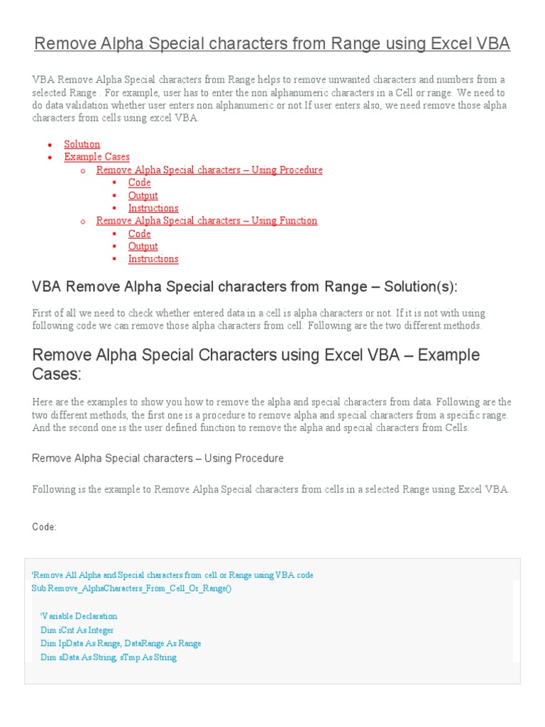 Remove Alpha Special Characters From Range Using Excel VBA | PDF | Microsoft Excel | String ...