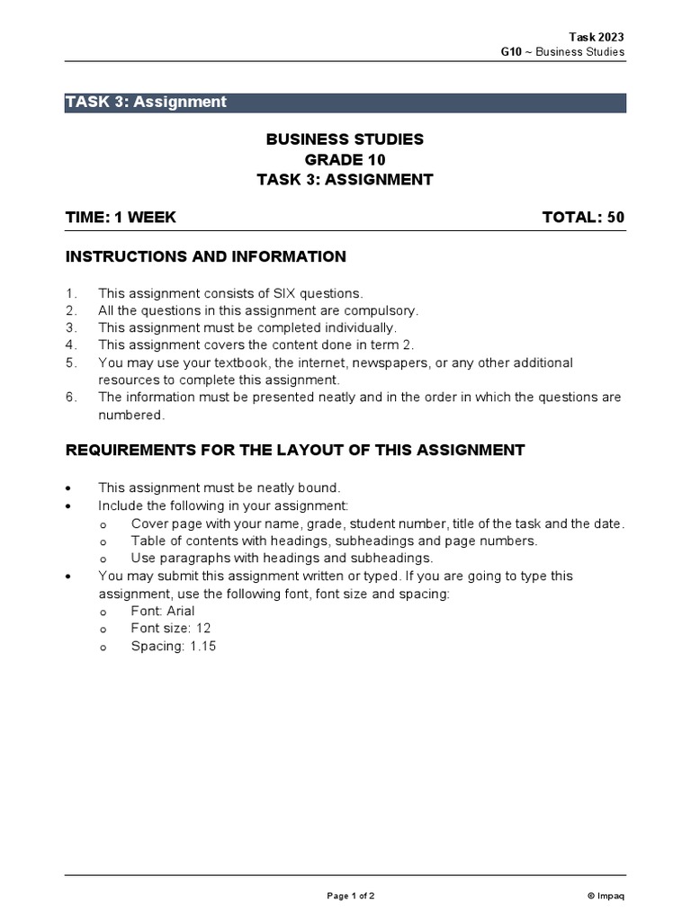 Business Studies Grade 10 Task 3: Assignment Time: 1 Week TOTAL: 50 Instructions and Information ...